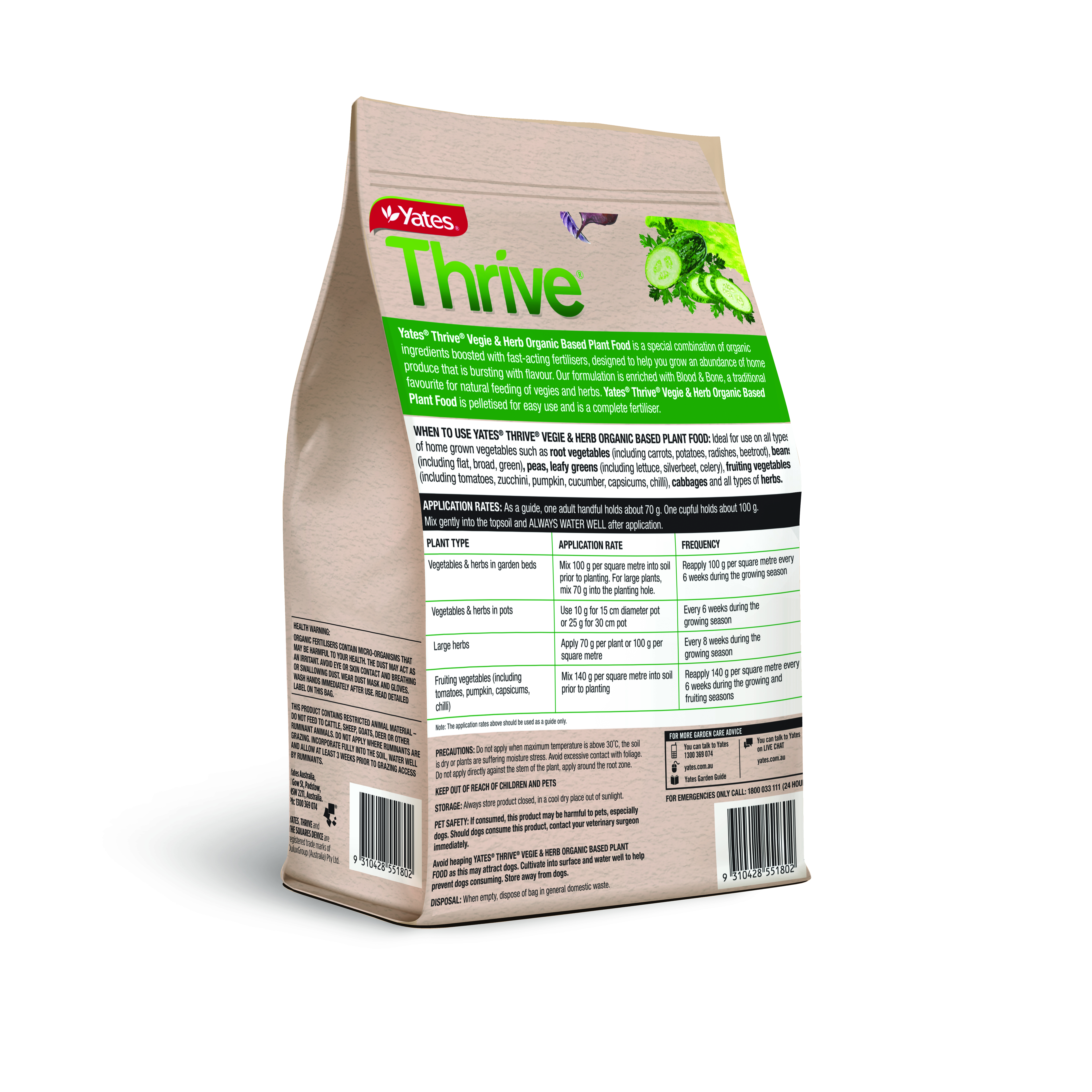 Yates 1.5kg Thrive Natural Vegie & Herb Organic Based Pelletised Plant Food